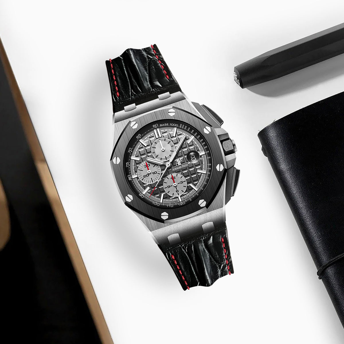 AP ROO 44mm Straps - AP Hornback Black Red Stitch – Liger Straps