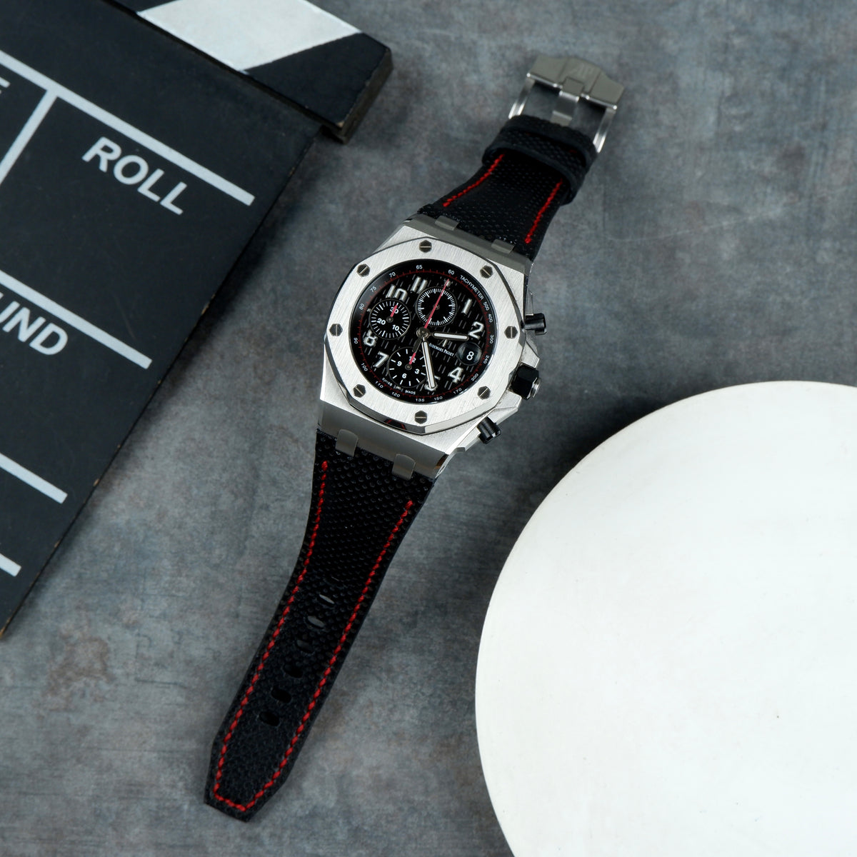 AP ROO 42mm Straps - AP Perforated Black Red Stitch – Liger Straps