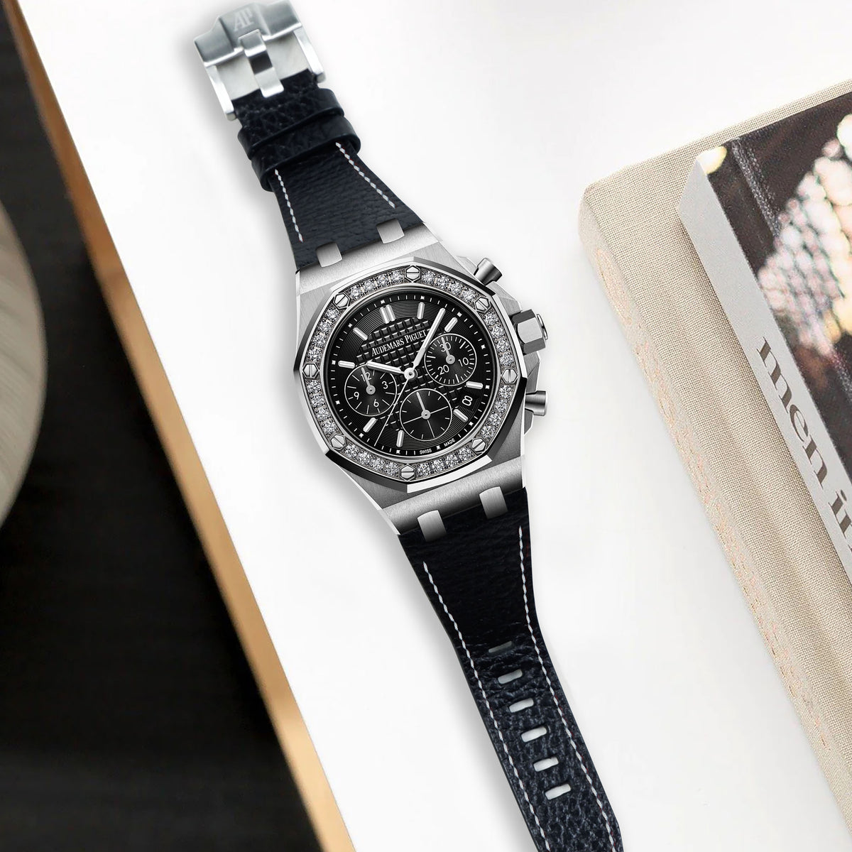 AP ROO 37mm Ladies Straps - AP Tjakra Black White Stitch – Liger Straps