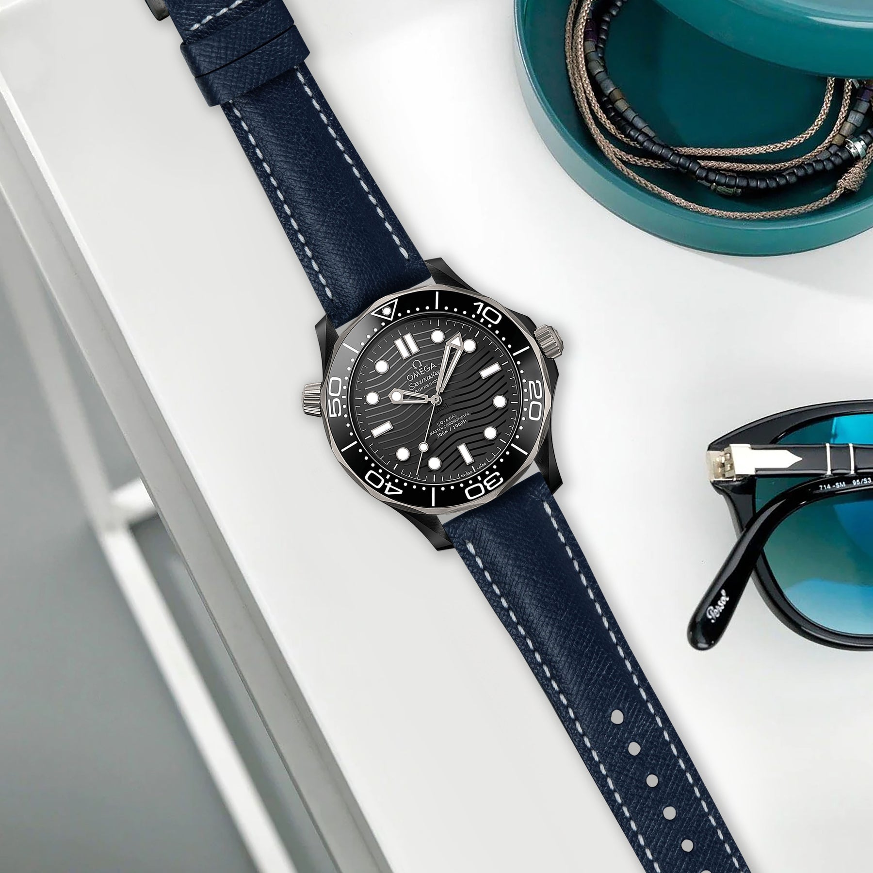 Omega Seamaster Diver 300m Straps - Saffiano Navy Blue White Stitch ...